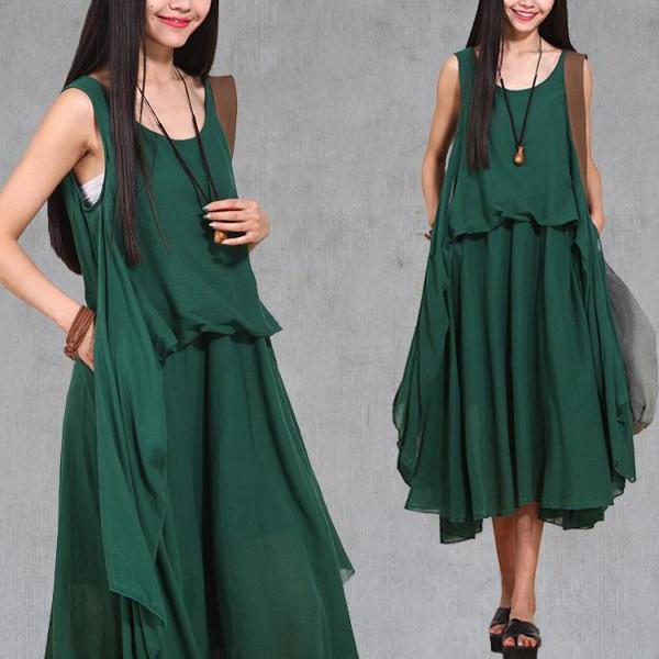 Green Layered Summer Vest Dress Sleeveless Cotton Linen Comfortable A ...